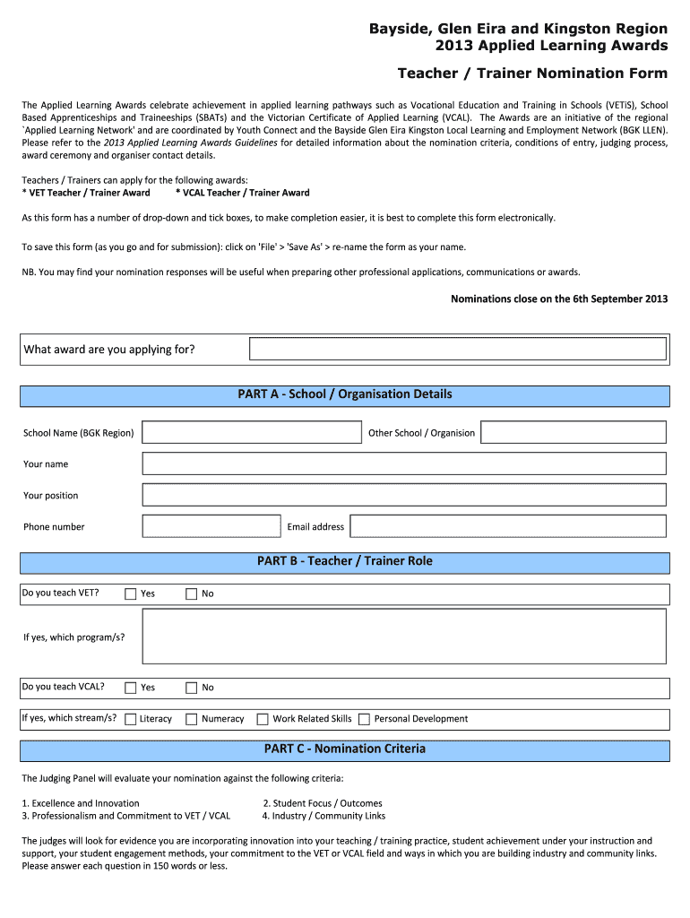 Fillable Online Teacher / Trainer Nomination Form Fax Email Print ...