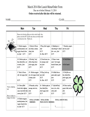 Fillable Online ijschool March 2014 Hot Lunch Menu/Order Form ...