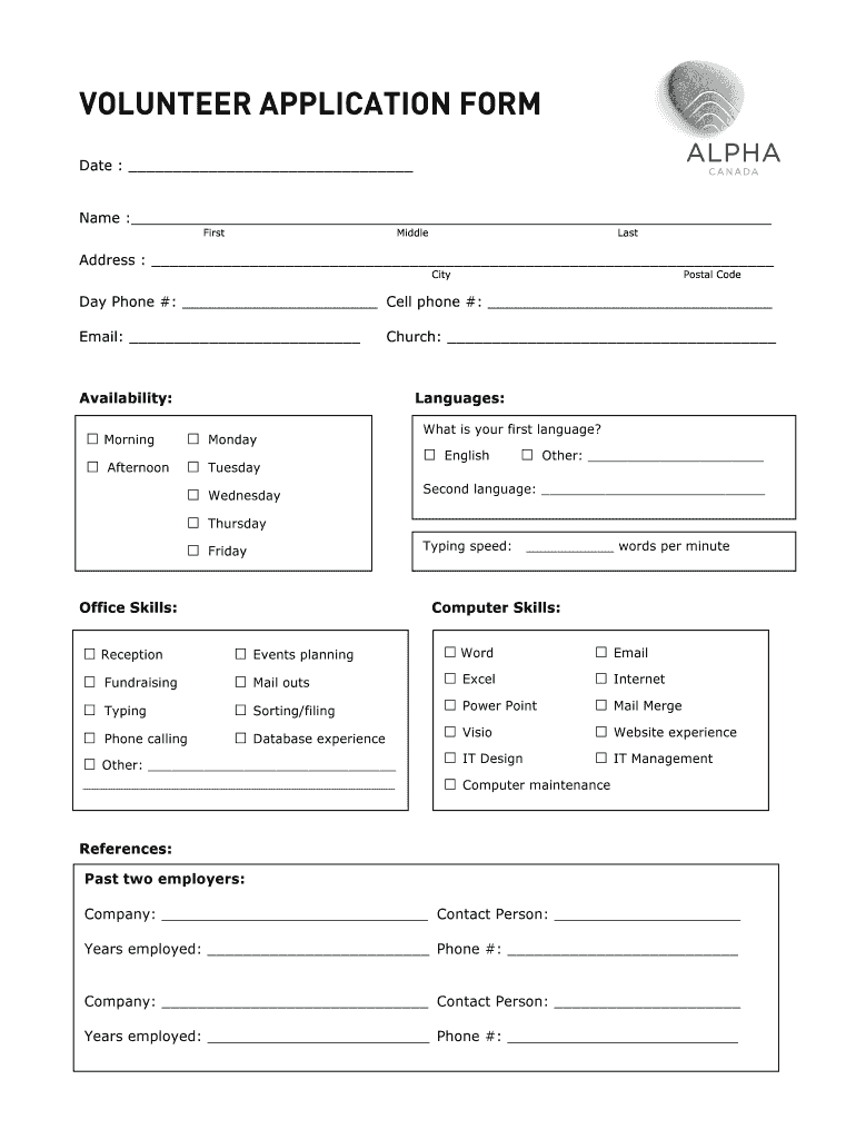 Fillable Online alphacanada Template - Volunteer Application Form ...