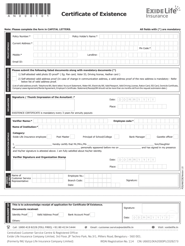 Fillable Online exidelife Certificate Of Existence Form NOA - Exide ...