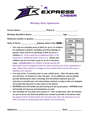Fillable Online Birthday Party Agreement - Express Cheer Fax Email ...