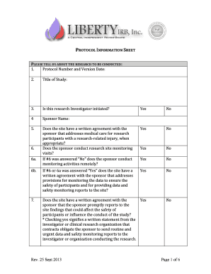 Fillable Online Protocol Information Sheet Sept2013 - Liberty IRB Inc Fax Email Print - pdfFiller