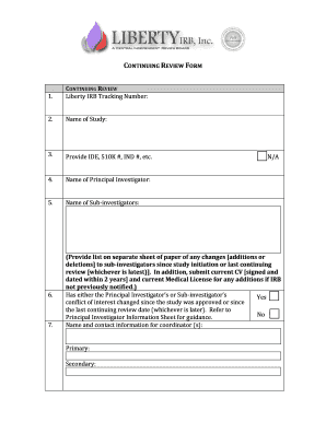 Fillable Online Continuing Review Form Liberty IRB 11 FEB 2015 Fax ...