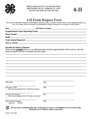 Fillable Online 4-H Funds Request Form - highlandsifasufledu Fax Email ...