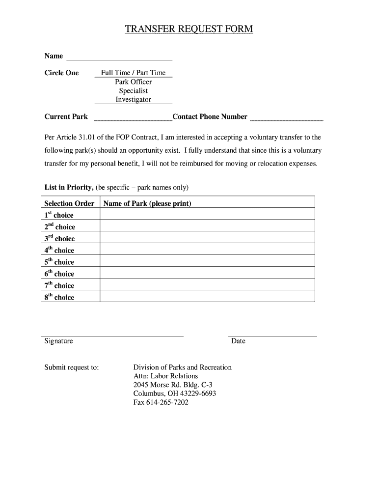 Fillable Online TRANSFER REQUEST FORM - ohfop149com Fax Email Print - pdfFiller