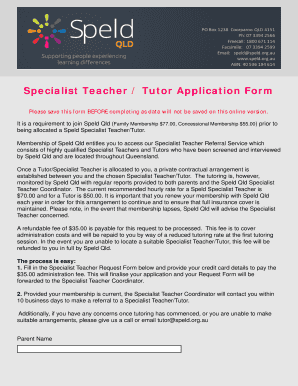 Fillable Online Specialist Teacher Tutor Application Form - bSPELDb Qld ...