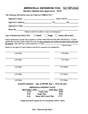 Fillable Online greenhillsohio 2015 Resident Pool Application ...