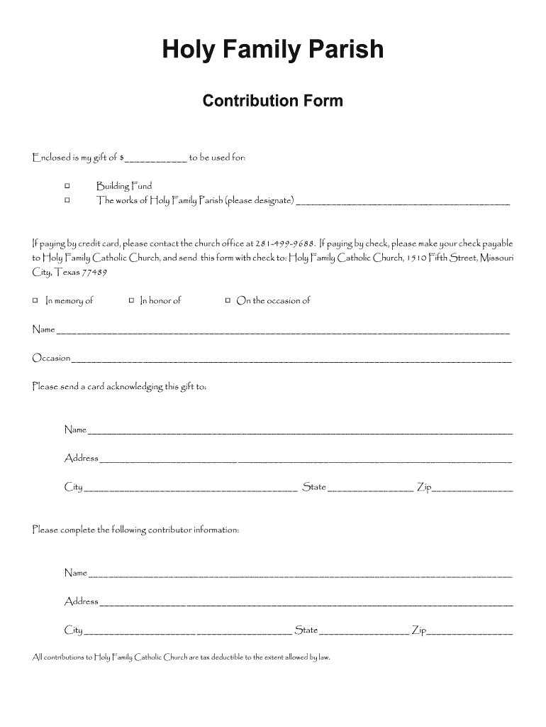 Fillable Online holyfamilychurch Holy Family Contribution Form - Holy ...