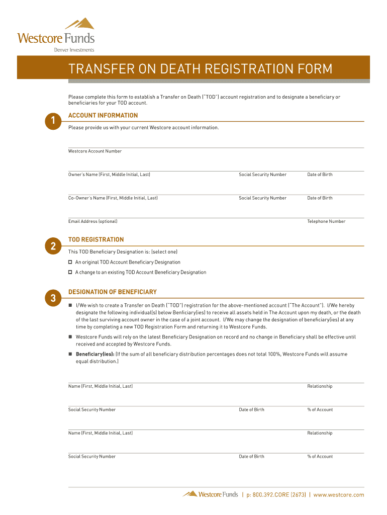 Fillable Online Transfer on death registration form - Westcore Funds ...