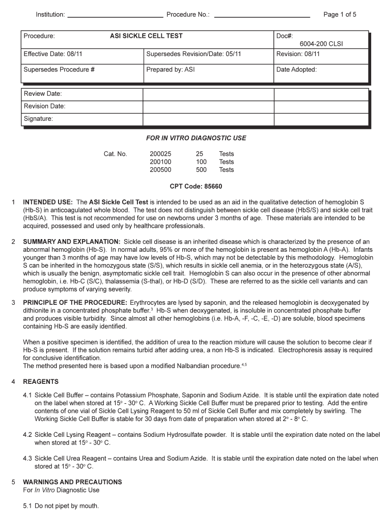 Fillable Online Procedure ASI SICKLE CELL TEST Doc 6004-200 CLSI Fax ...