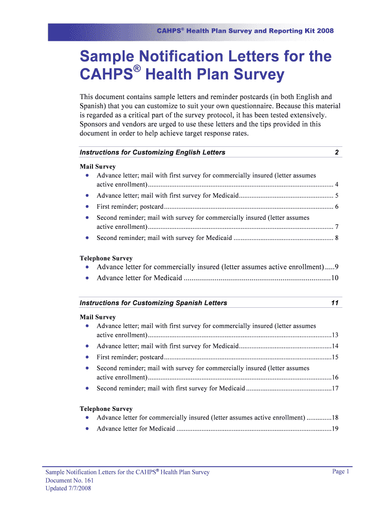 Fillable Online Sample Notification Letters for the CAHPS Health Plan ...
