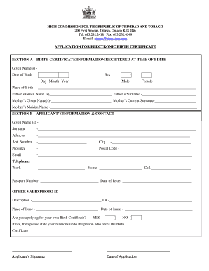 Fillable Online APPLICATION FOR ELECTRONIC BIRTH CERTIFICATE SECTION A ...