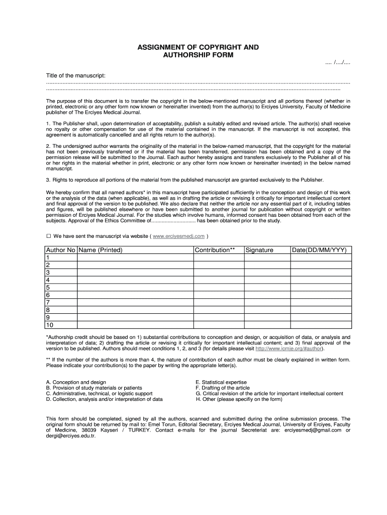 Fillable Online ASSIGNMENT OF COPYRIGHT AND AUTHORSHIP FORM Fax Email ...