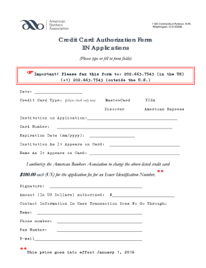Fillable Online Credit Card Authorization Form IIN Applications Fax ...