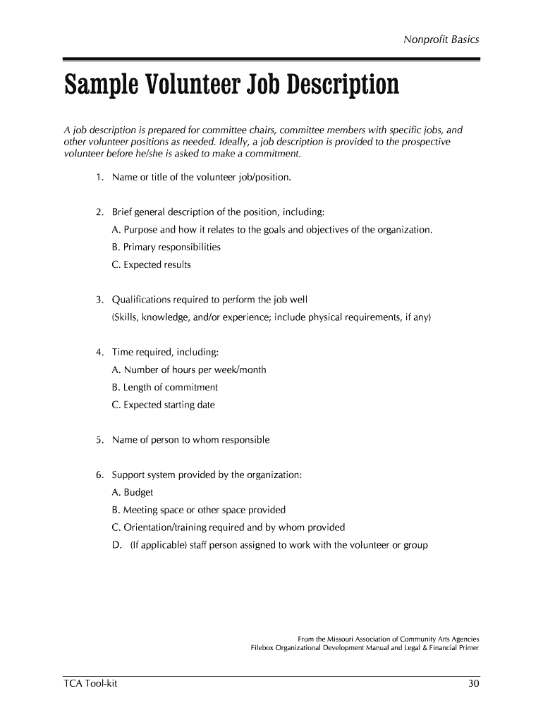 Fillable Online Nonprofit Basics Sample Volunteer Job Description Fax ...