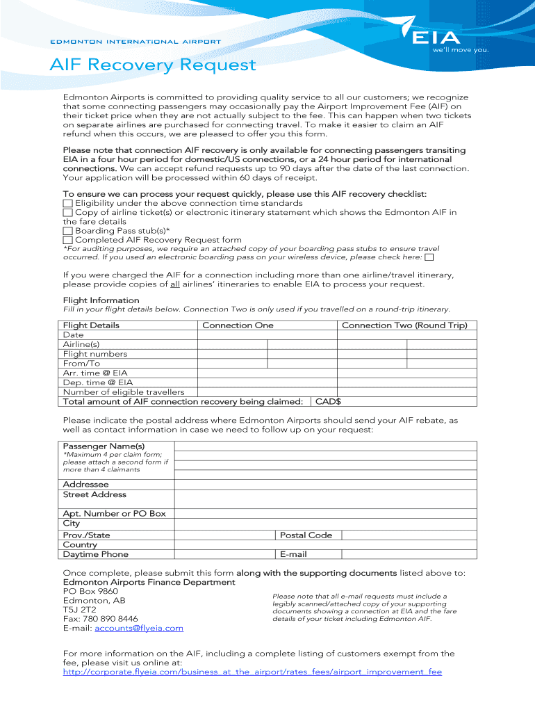 Fillable Online AIF Recovery Request - Edmonton Airports Fax Email ...