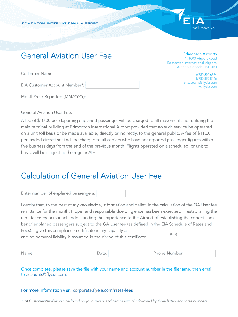 Fillable Online General Aviation User Fee Calculation of General ... - EIA Corporate Fax Email ...
