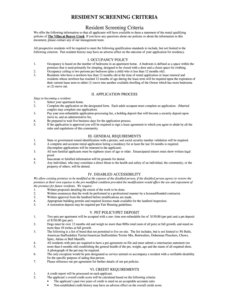 Fillable Online RESIDENT SCREENING CRITERIA Resident Screening Criteria ...