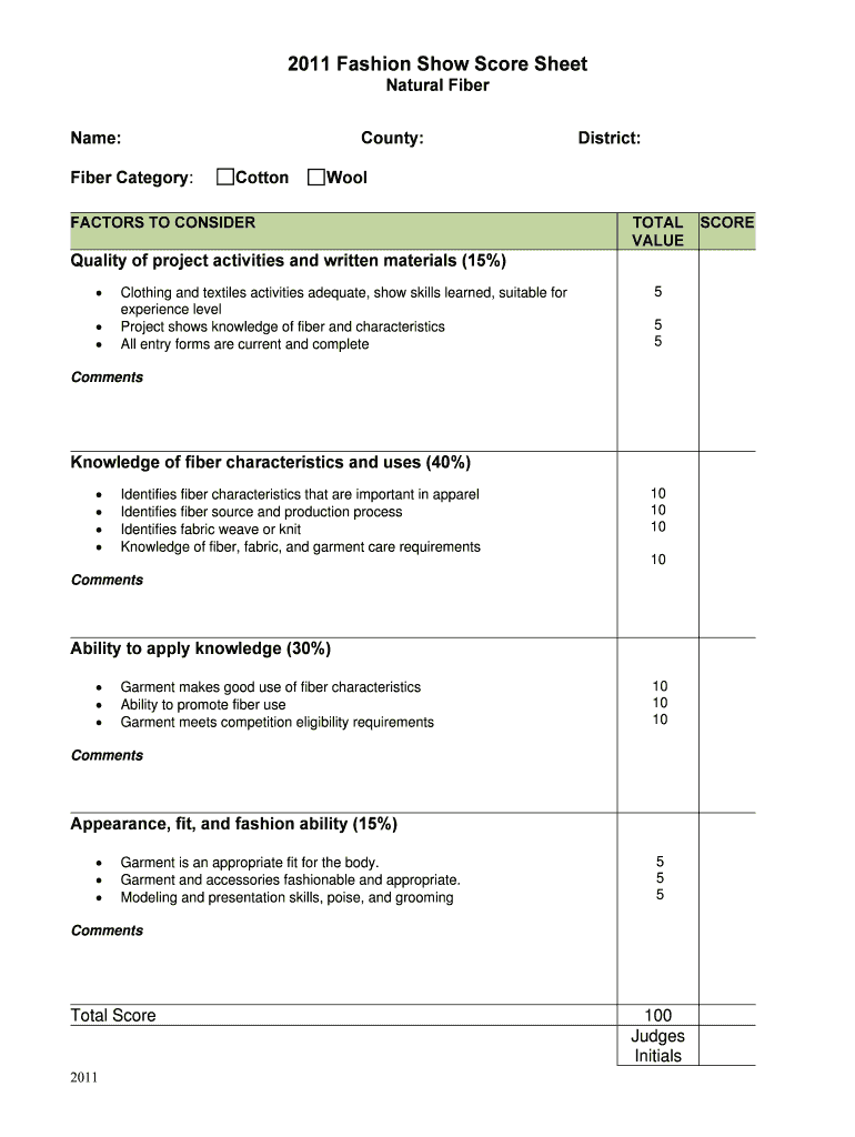 2011 Fashion Show Score Sheet - Blank Fillable Template | Fill Out ...