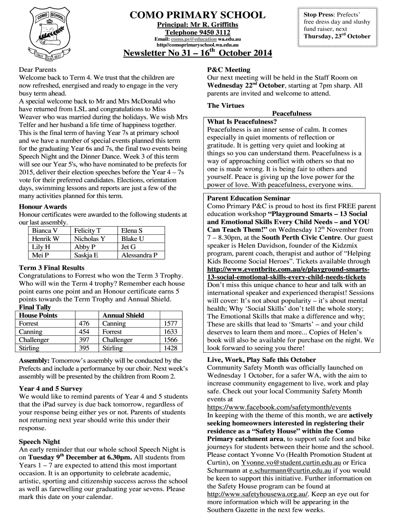 Fillable Online comoprimaryschool wa edu COMO PRIMARY SCHOOL Prefects ...