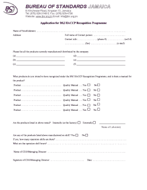 Fillable Online bsj org Application Form for HACCP Recognition Fax ...