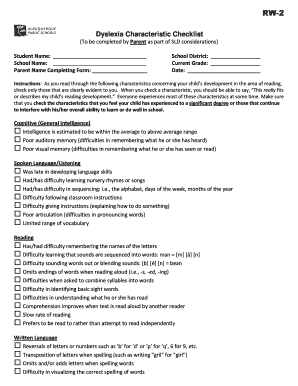 Fillable Online Dyslexia Characteristic Checklist Parent School District Fax Email Print - pdfFiller