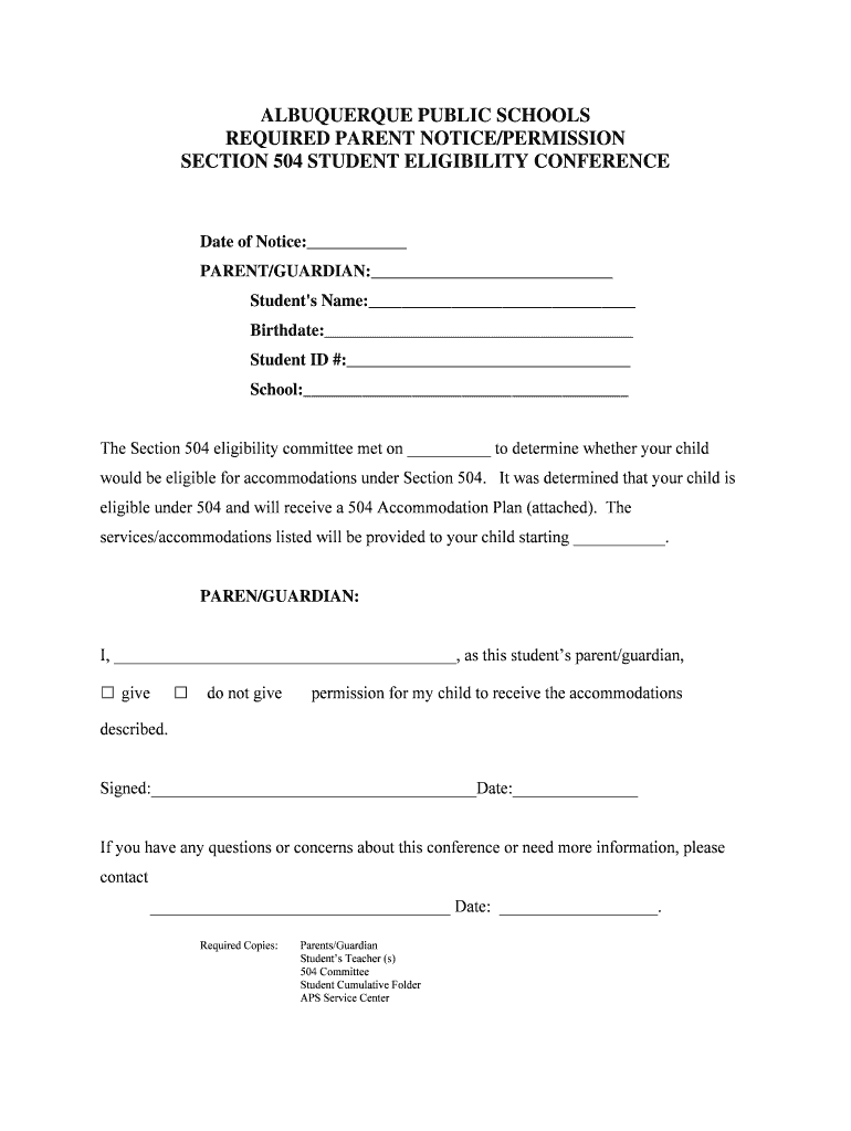 Fillable Online 504 Required Parent Permission - Albuquerque Public ...