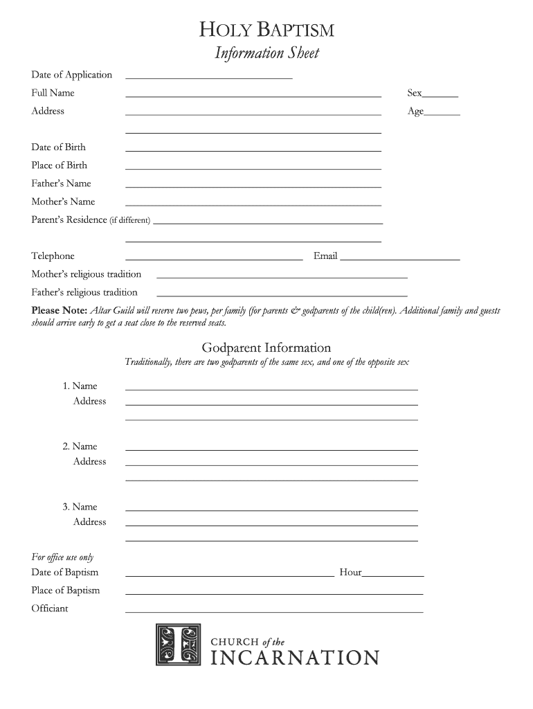 Fillable Online incarnation Holy Baptism information sheet - Church of ...
