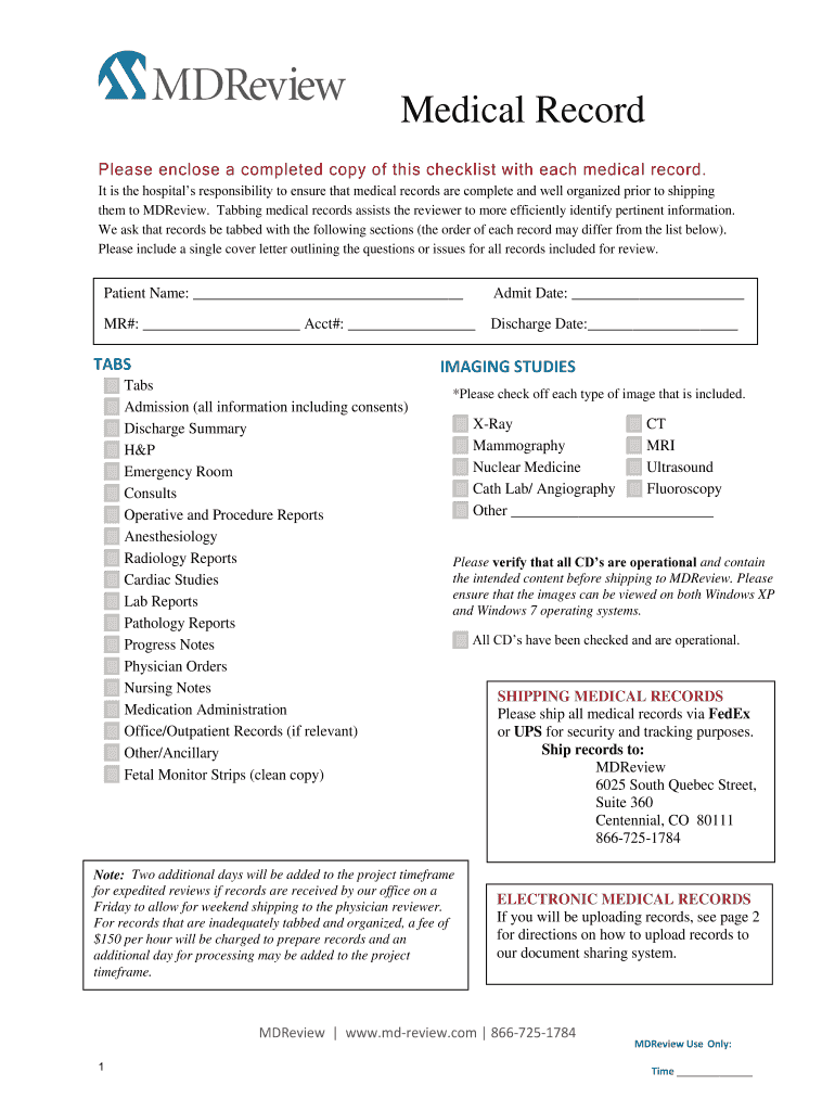Fillable Online Medical Record Checklist - MDReview Fax Email Print ...