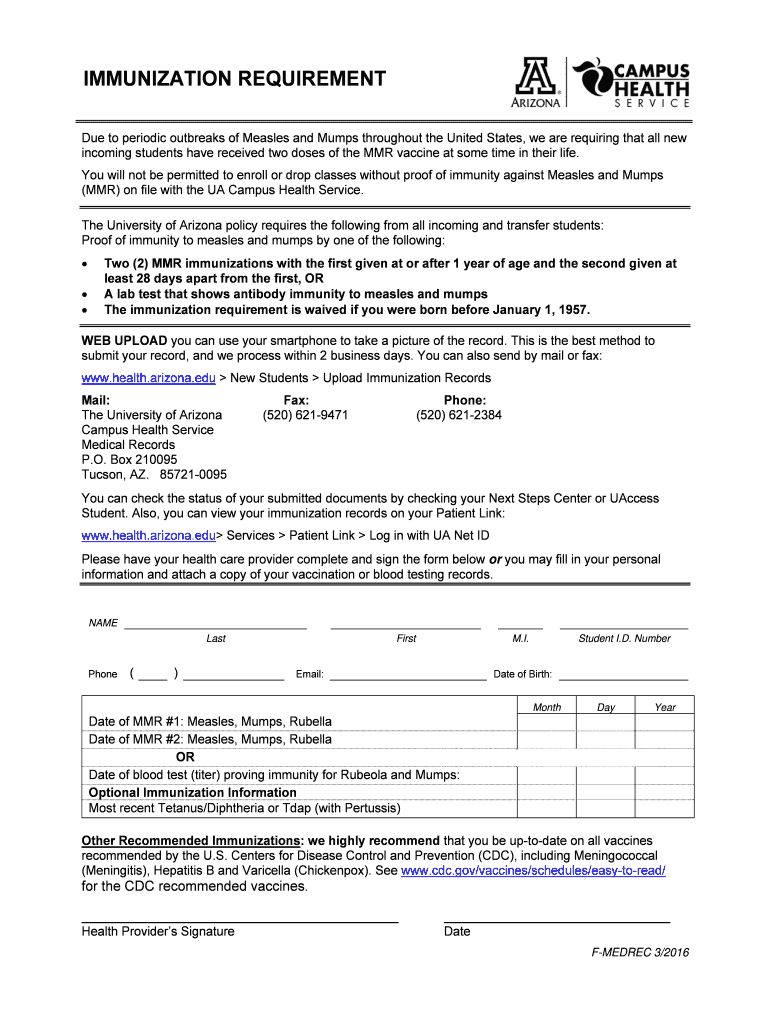 Fillable Online health arizona IMMUNIZATION REQUIREMENT Fax Email Print ...