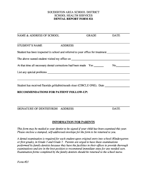 Fillable Online pennview SCHOOL HEALTH SERVICES DENTAL REPORT FORM 21 ...