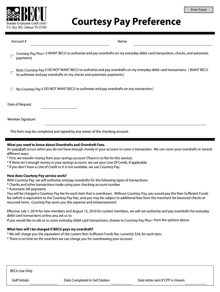 Fillable Online bowaterecu Courtesy Pay Preference Form Fax Email Print ...