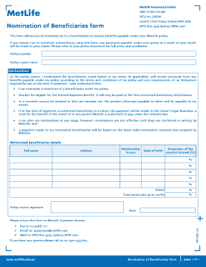 Fillable Online Nomination of Beneficiaries form - MetLife Fax Email ...