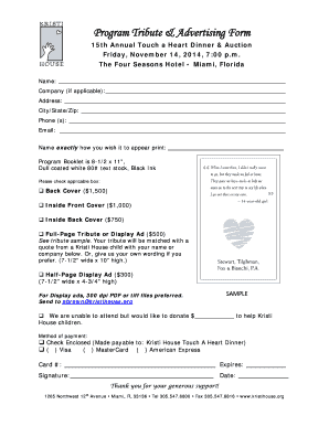 Fillable Online Program Tribute Advertising Form - kristihouseorg Fax ...