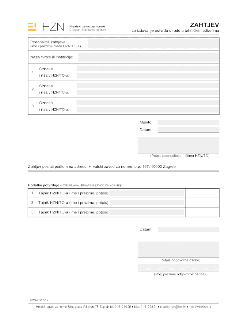 Fillable Online hzn Zahtjev za izdavanje potvrde o radu u tehnikim ...