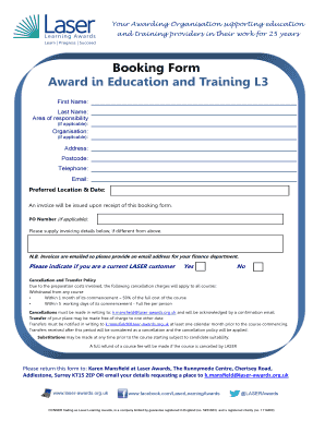 Fillable Online laser-awards org Award in Education and Training L3 ...