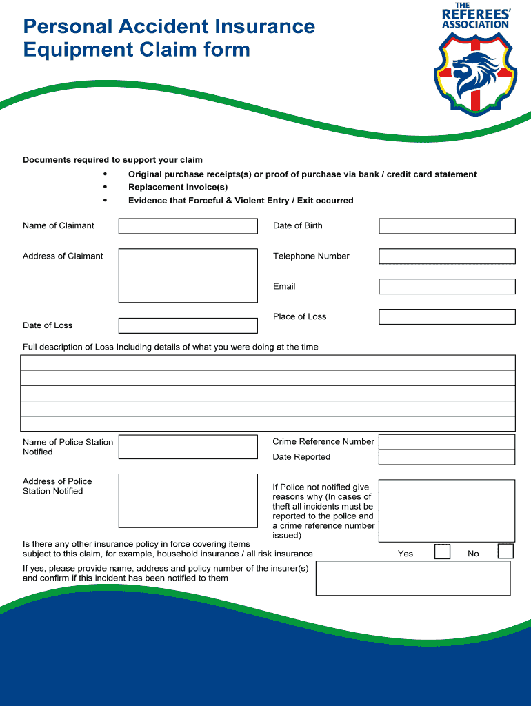 Fillable Online Personal Accident Insurance Equipment Claim form Fax ...