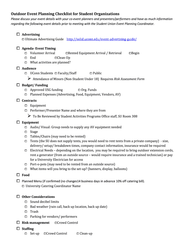 Fillable Online Outdoor Event Planning Checklist for Student ...