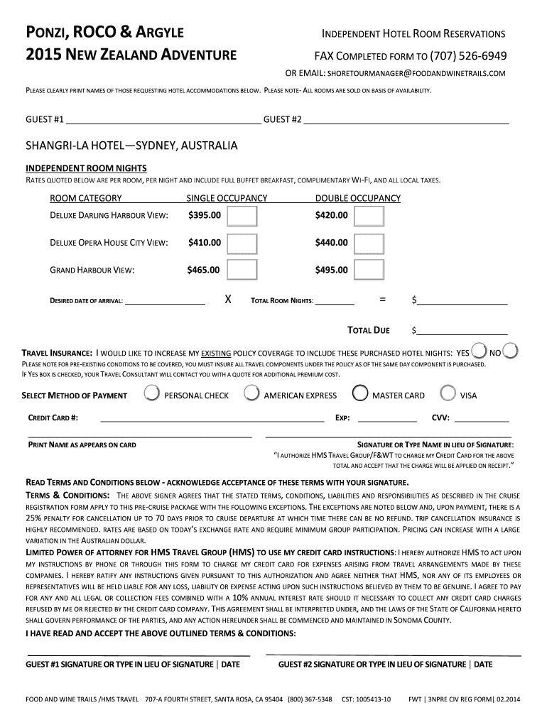 Fillable Online Ponzi Roco Argle 2015 Pre Sydney Hotel Package Reg Form Fax Email Print - pdfFiller