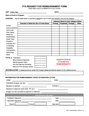 Fillable Online PTA REQUEST FOR REIMBURSEMENT FORM Fax Email Print ...