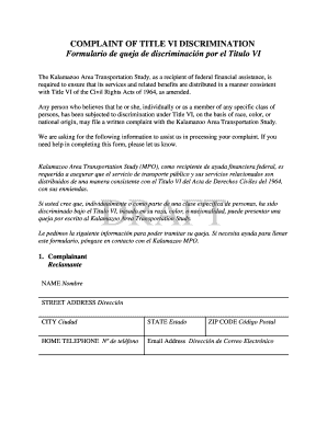 Fillable Online COMPLAINT OF TITLE VI DISCRIMINATION Formulario de queja Fax Email Print - pdfFiller