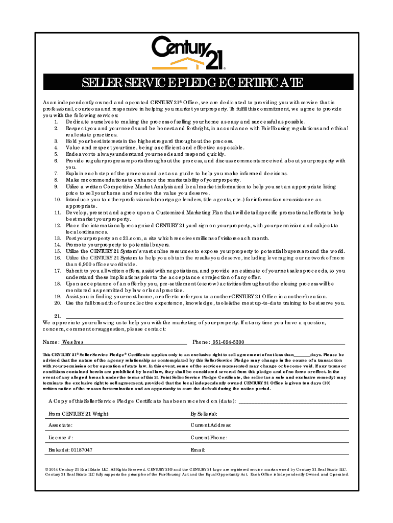 Fillable Online Seller service pledge certificate - Century 21 Wright ...