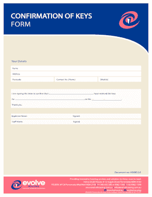 Fillable Online Confirmation of keys form - evolvehousingcomau Fax ...