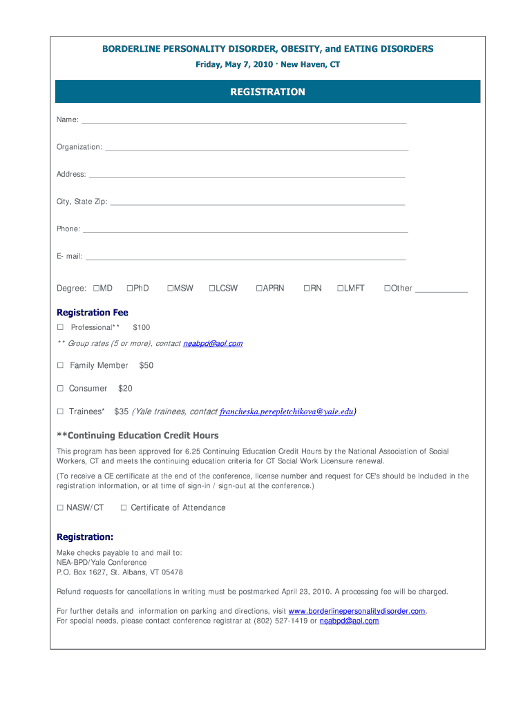 Fillable Online REGISTRATION - Borderline Personality Disorder Fax ...