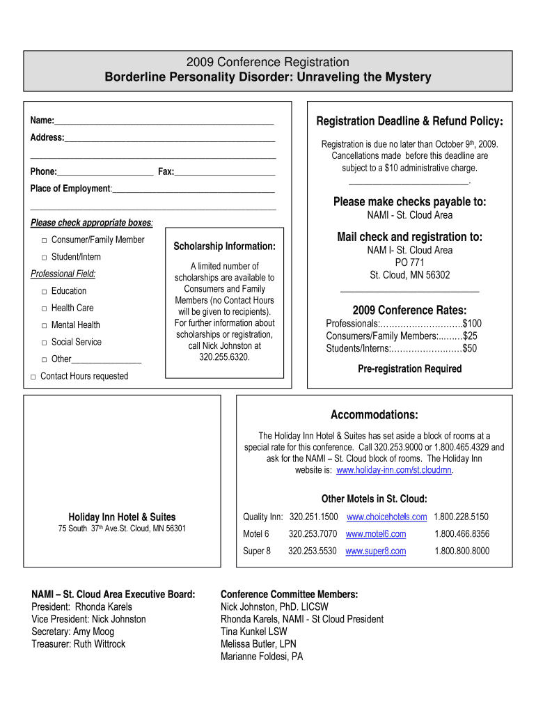 Fillable Online 2009 Conference Registration Borderline Personality Fax ...