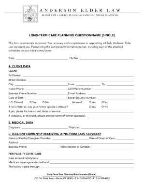 Fillable Online LONG-TERM CARE PLANNING QUESTIONNAIRE SINGLE Fax Email ...