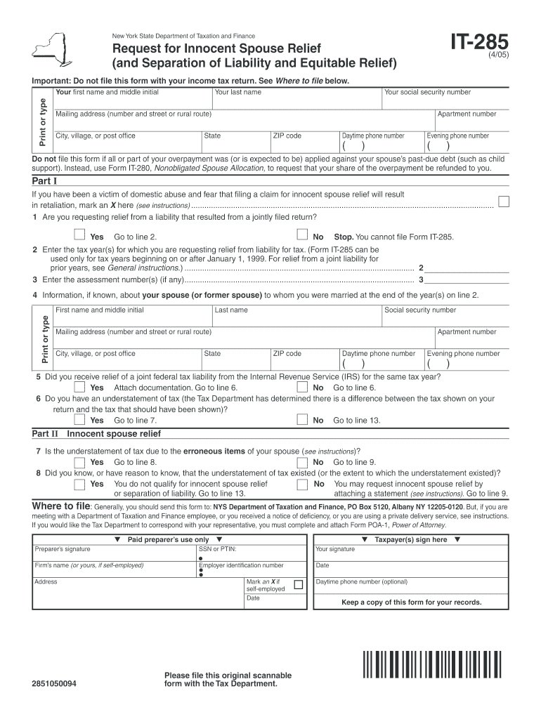 Fillable Online Form bIT-285b April 2005 Request for Innocent Spouse ...