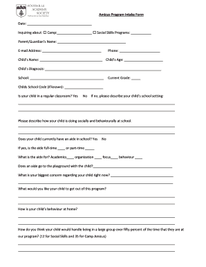 Fillable Online foothillsacademy Amicus Program Intake Form Fax Email ...