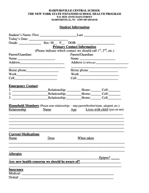 Fillable Online Student Information Primary Contact Information Fax ...