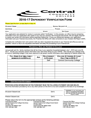 Fillable Online wwwd cccneb 201617 DEPENDENT VERIFICATION FORM Please ...